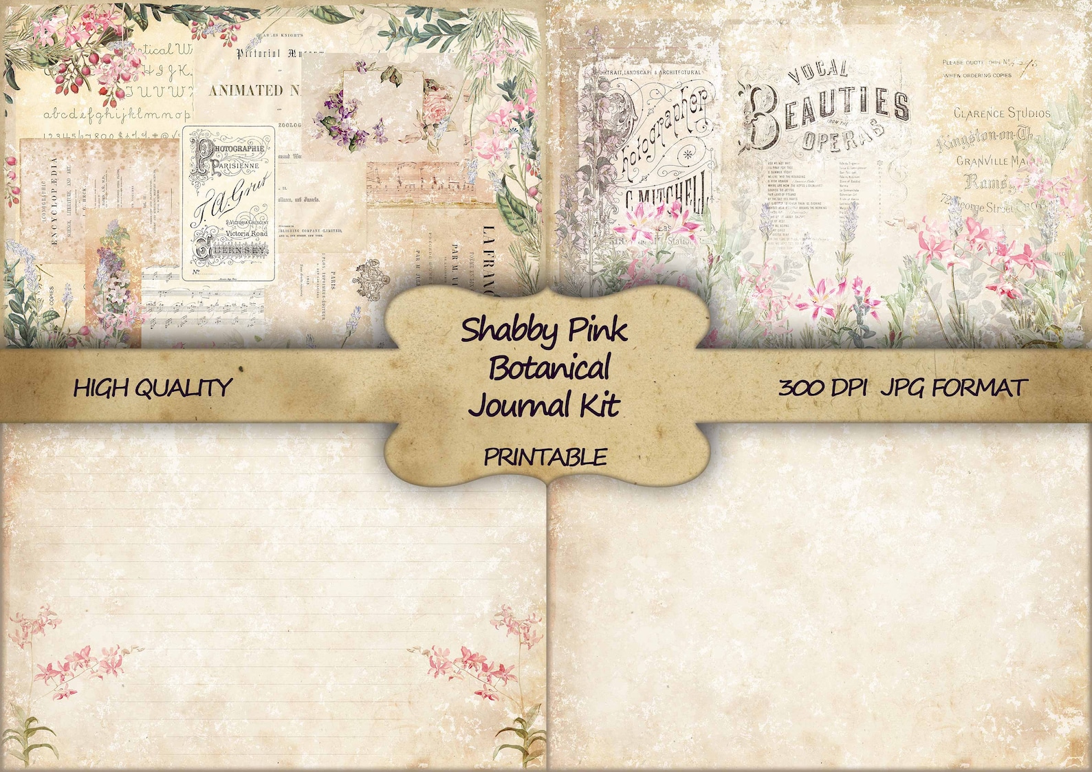 Junk Journal Kit Shabby Pink Botanical Printable Paper Shabby Chic ...