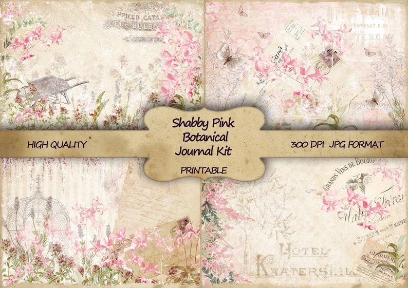 Junk Journal Kit Shabby Pink Botanical Printable Paper Shabby Chic ...