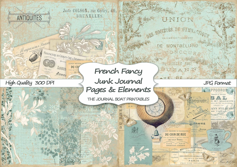 Printable Junk Journal Kit, French Fancy, Ephemera, Duck Egg Blue ...