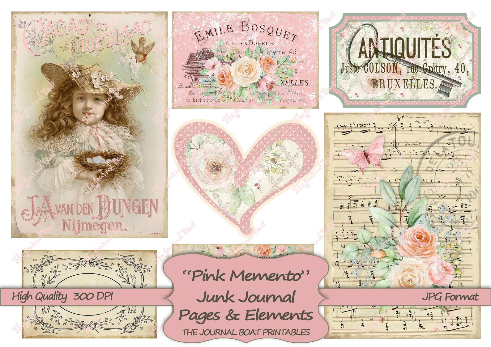 Junk Journal Kit, Pink Memento, Vintage Ephemera, Collage Sheets ...