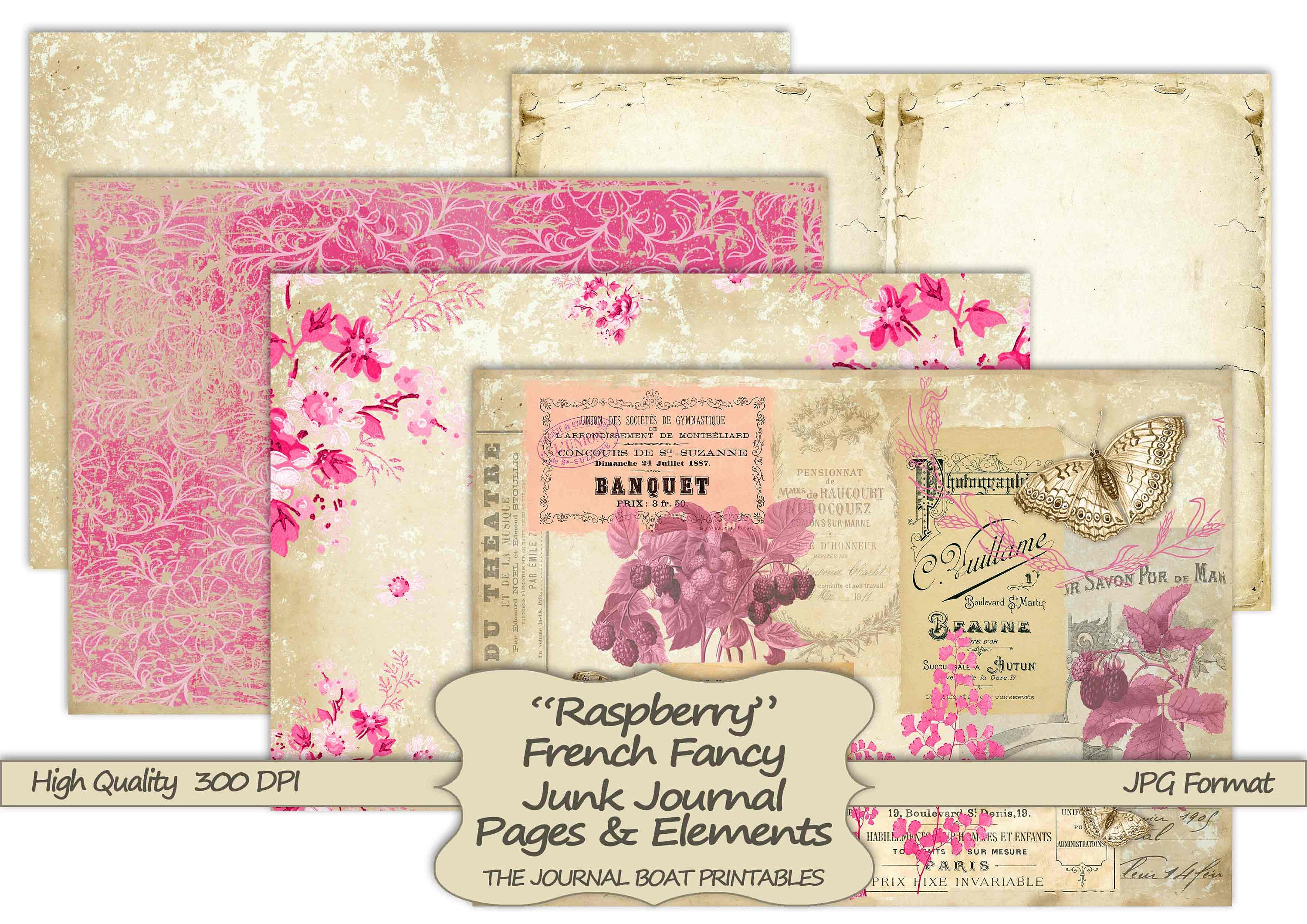 Printable Junk Journal Kit, Raspberry French Fancy, Ephemera, Journal ...