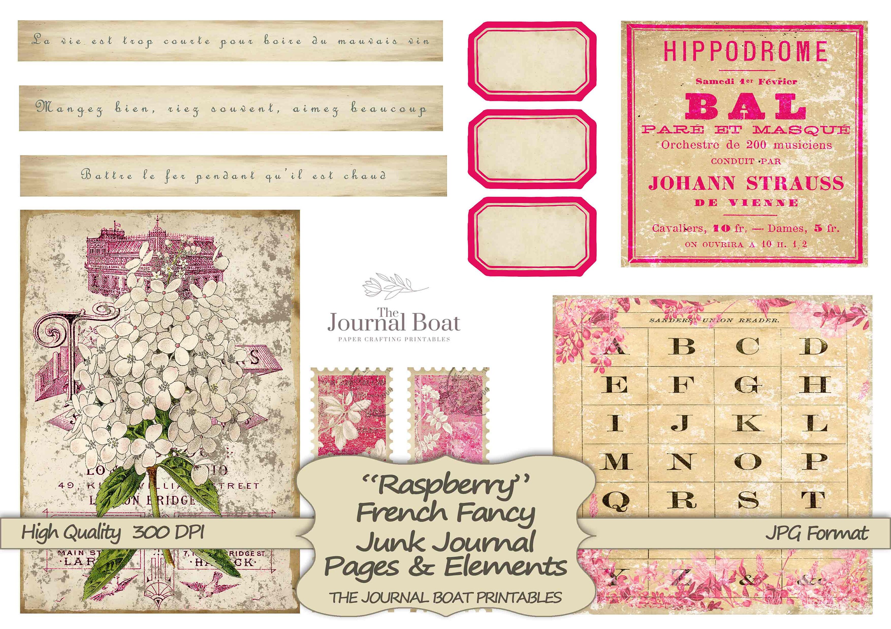 Printable Junk Journal Kit, Raspberry French Fancy, Ephemera, Journal ...