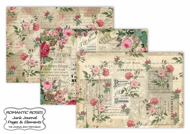 Junk Journal Kit, Romantic Roses, Pink Roses, Red Roses, Shabby Chic ...