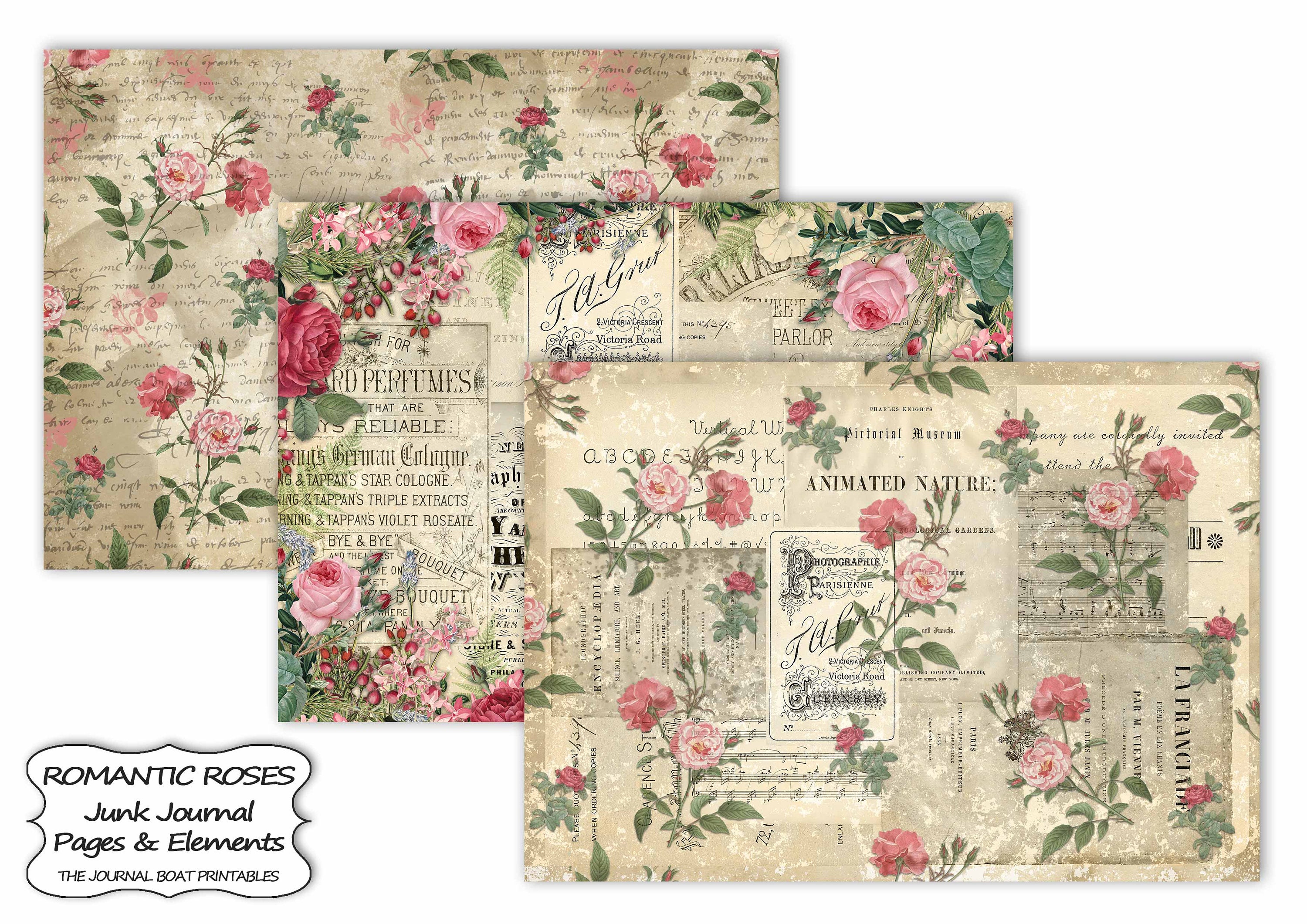 Junk Journal Kit, Romantic Roses, Pink Roses, Red Roses, Shabby Chic ...