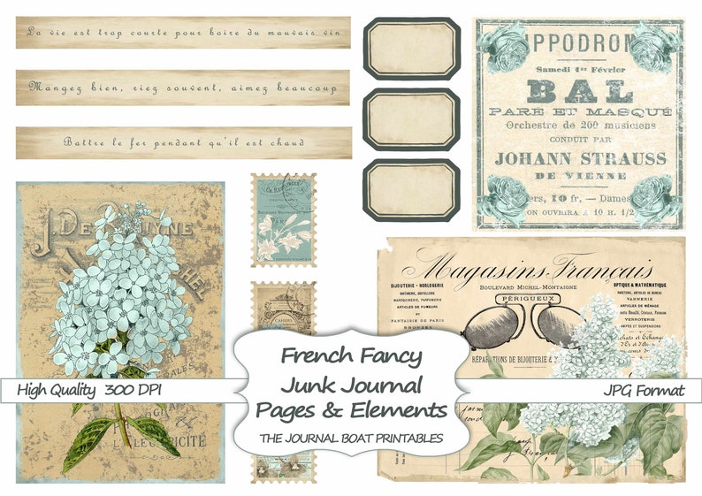 Printable Junk Journal Kit, French Fancy, Ephemera, Duck Egg Blue ...