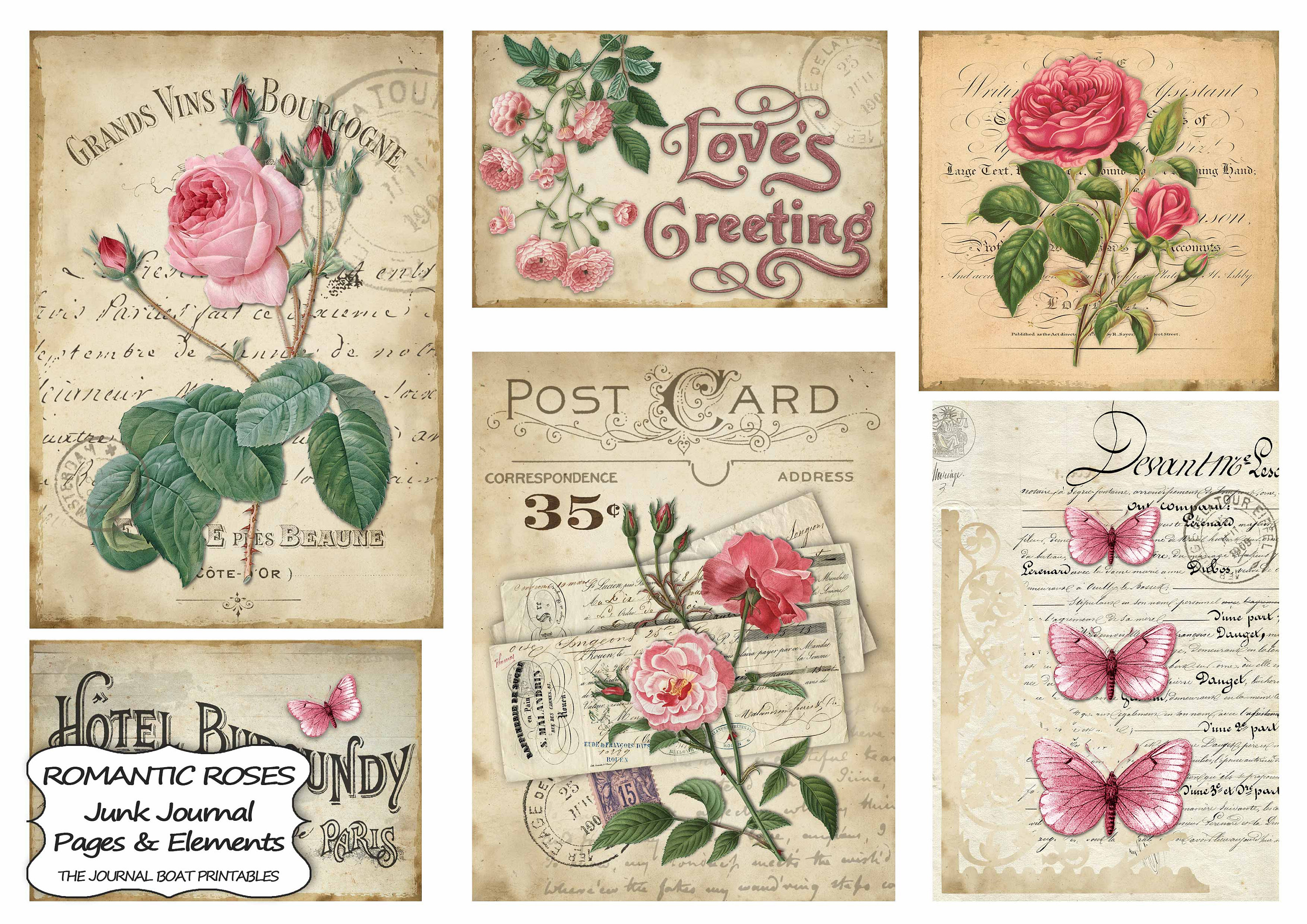 Junk Journal Kit, Romantic Roses, Pink Roses, Red Roses, Shabby Chic ...