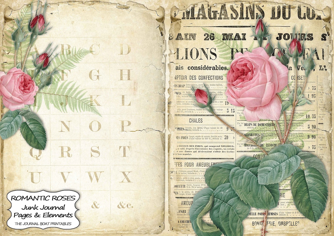 Junk Journal Kit, Romantic Roses, Pink Roses, Red Roses, Shabby Chic ...