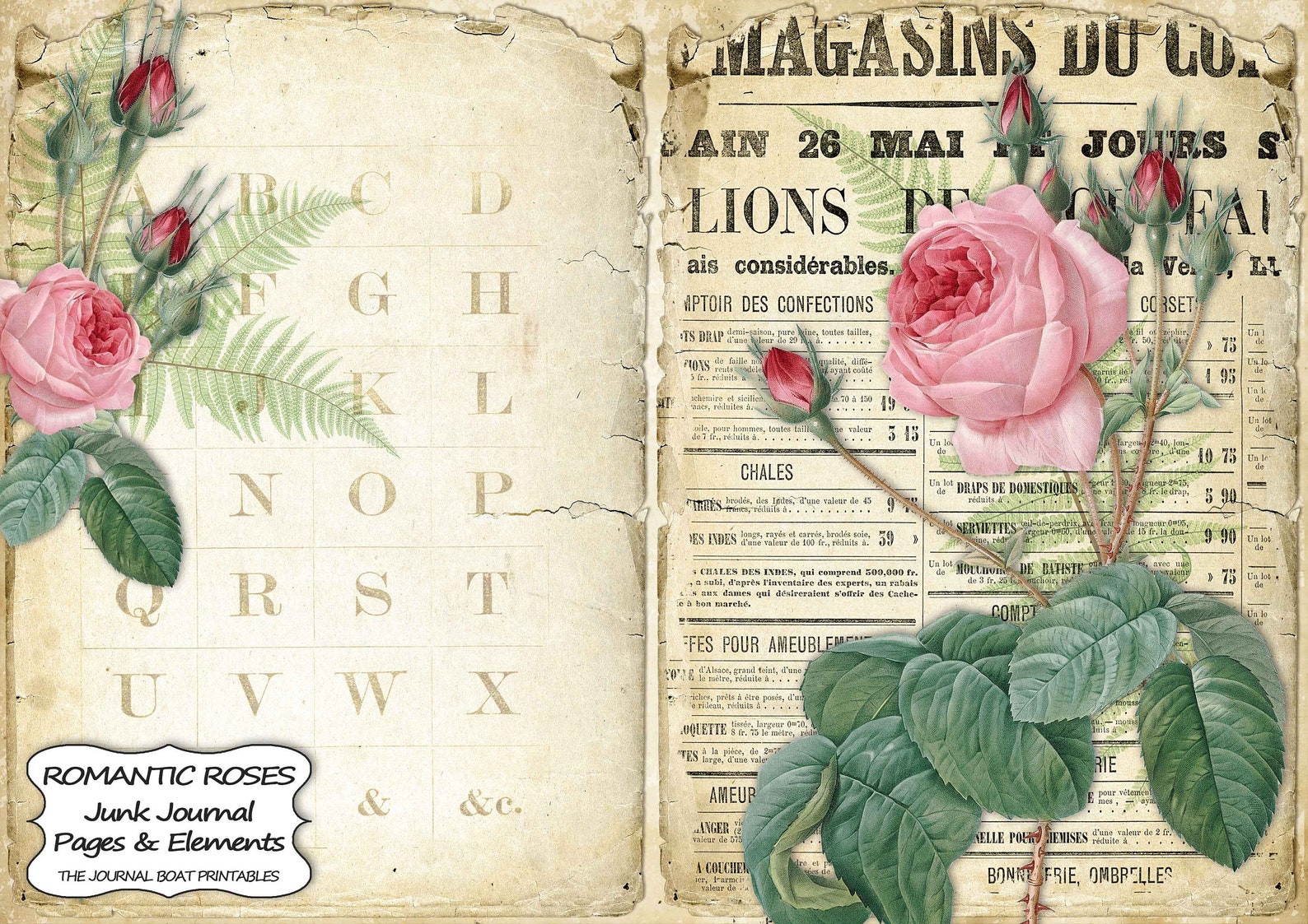 Junk Journal Kit, Romantic Roses, Pink Roses, Red Roses, Shabby Chic ...