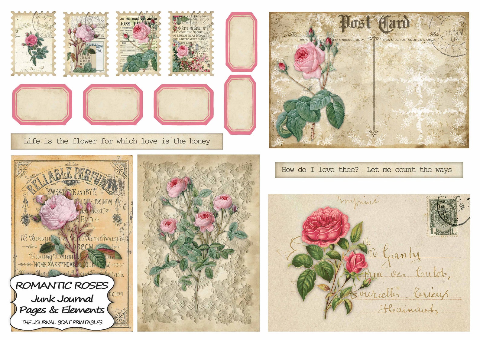 Junk Journal Kit, Romantic Roses, Pink Roses, Red Roses, Shabby Chic ...