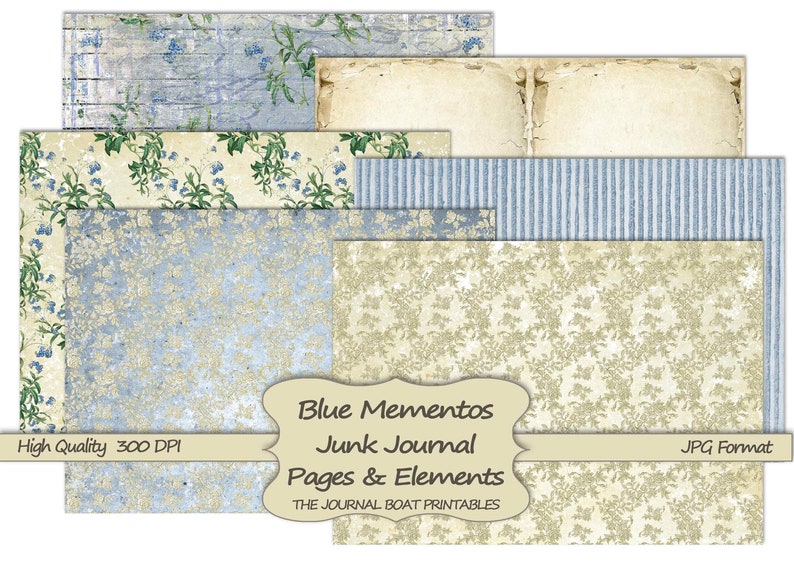 Junk Journal Digital Kit, Blue Mementos, Vintage Ephemera Kit, Collage ...