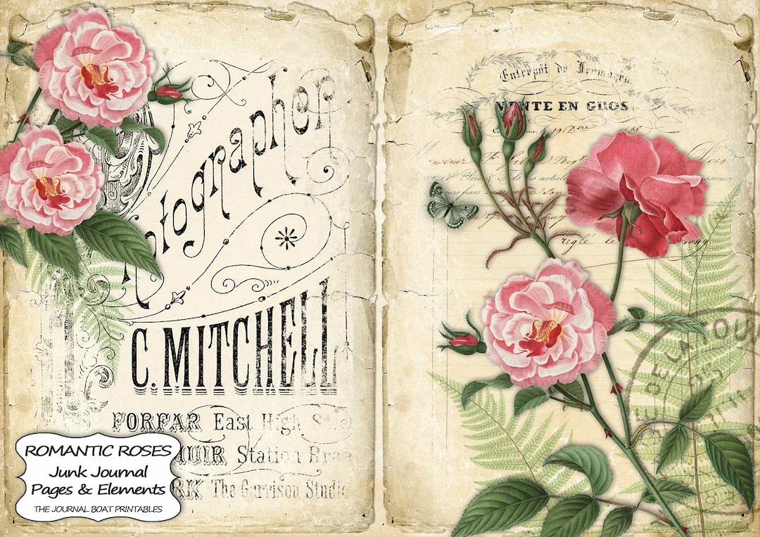 Junk Journal Kit, Romantic Roses, Pink Roses, Red Roses, Shabby Chic ...
