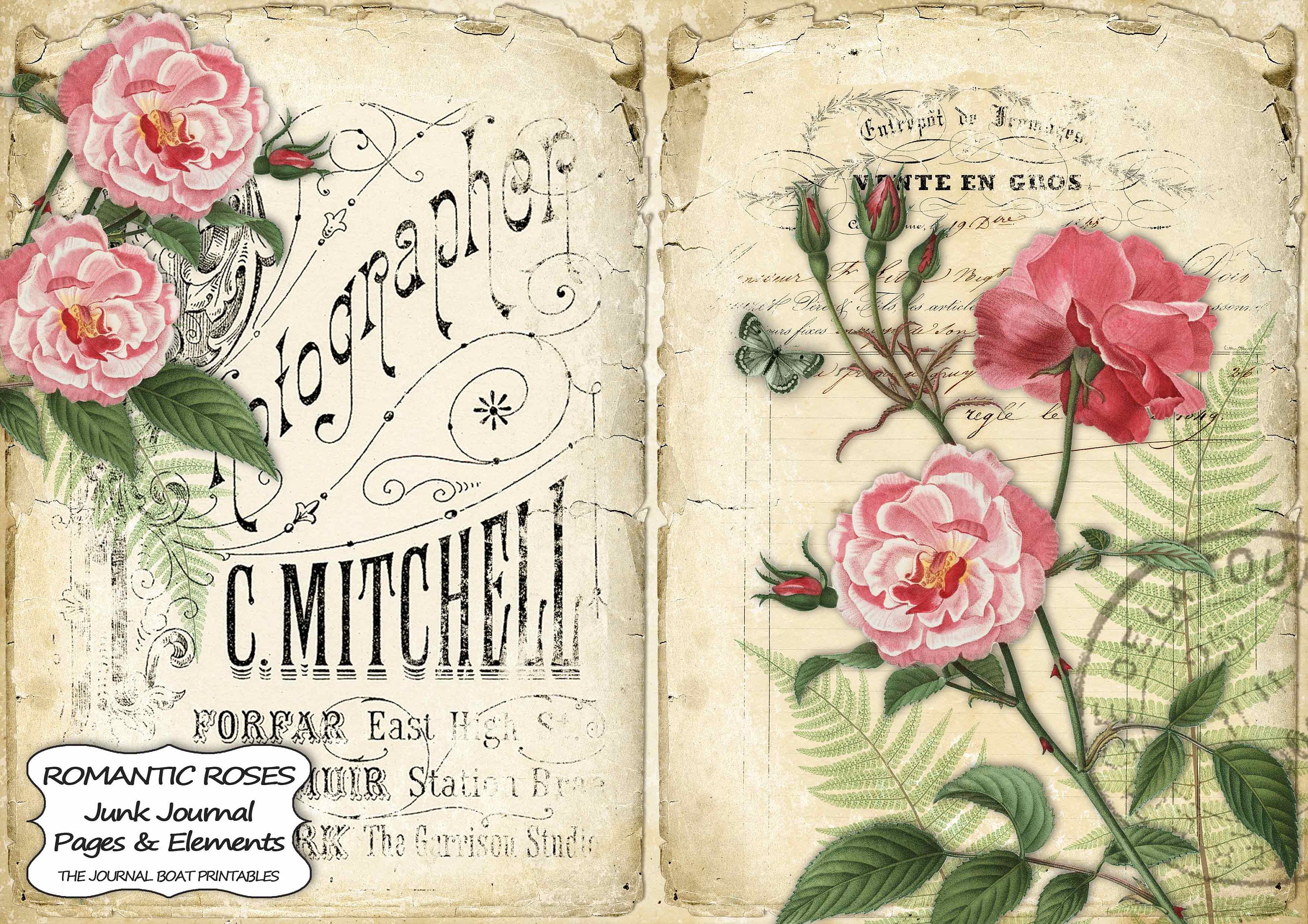 Junk Journal Kit, Romantic Roses, Pink Roses, Red Roses, Shabby Chic ...