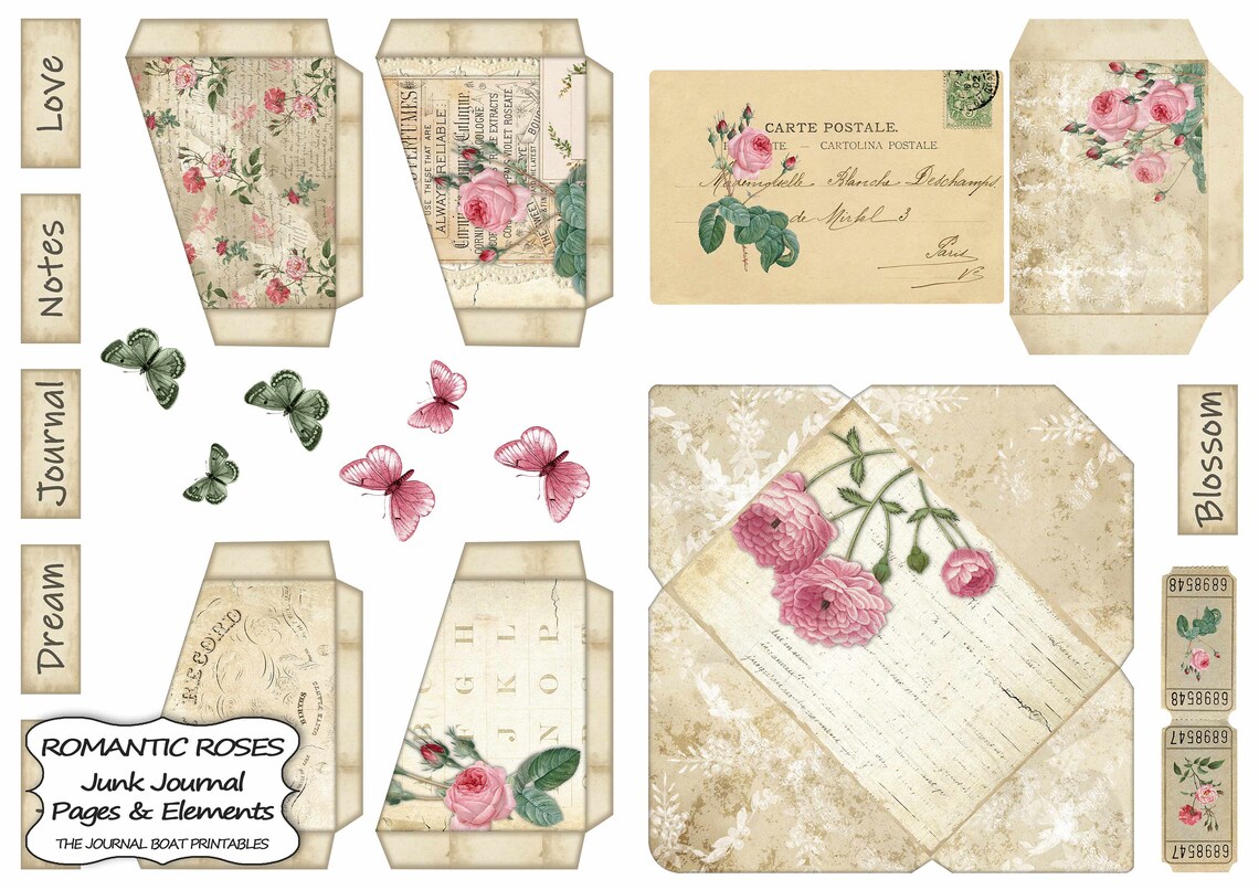 Junk Journal Kit, Romantic Roses, Pink Roses, Red Roses, Shabby Chic, Journal Pages, Printable ...