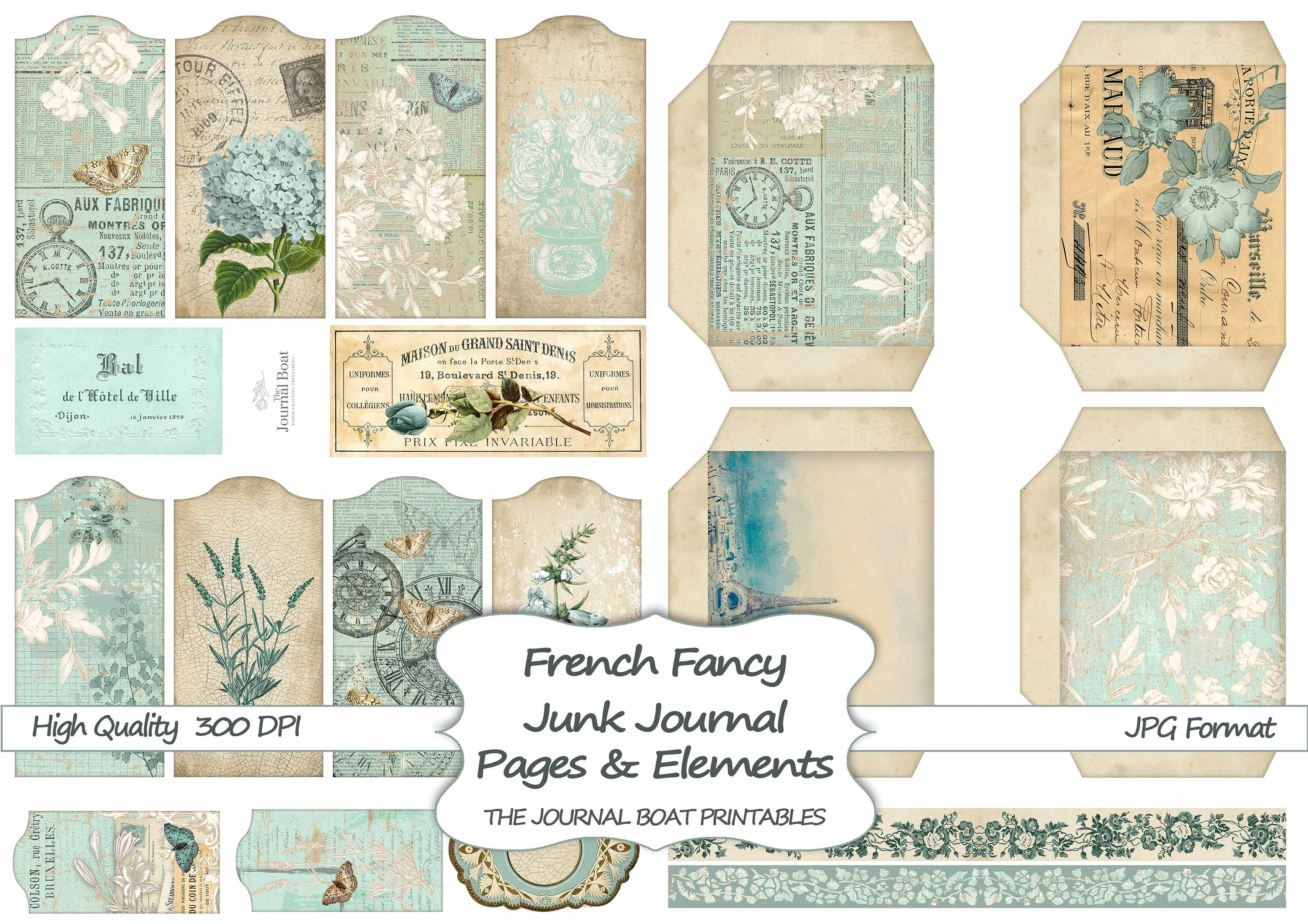 Printable Junk Journal Kit, French Fancy, Ephemera, Duck Egg Blue ...