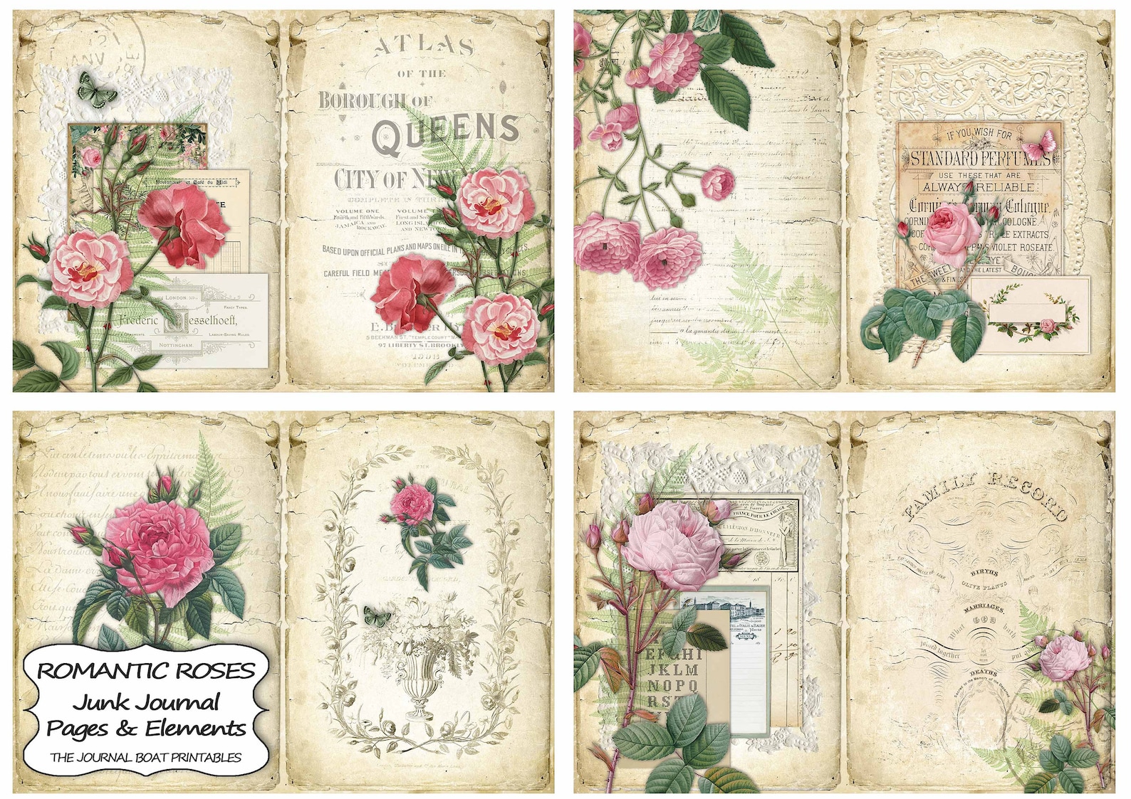 Junk Journal Kit, Romantic Roses, Pink Roses, Red Roses, Shabby Chic ...