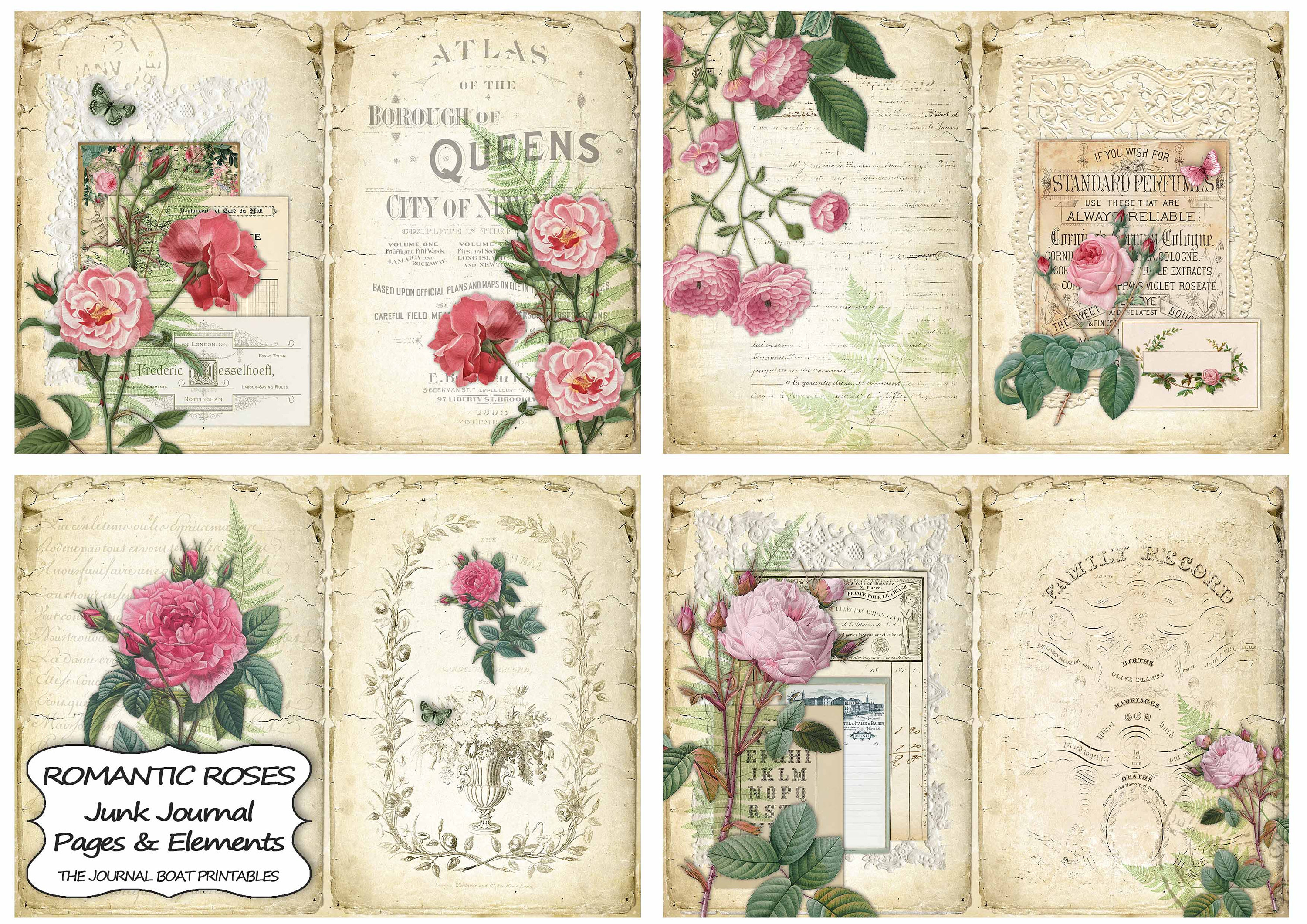 Junk Journal Kit, Romantic Roses, Pink Roses, Red Roses, Shabby Chic ...