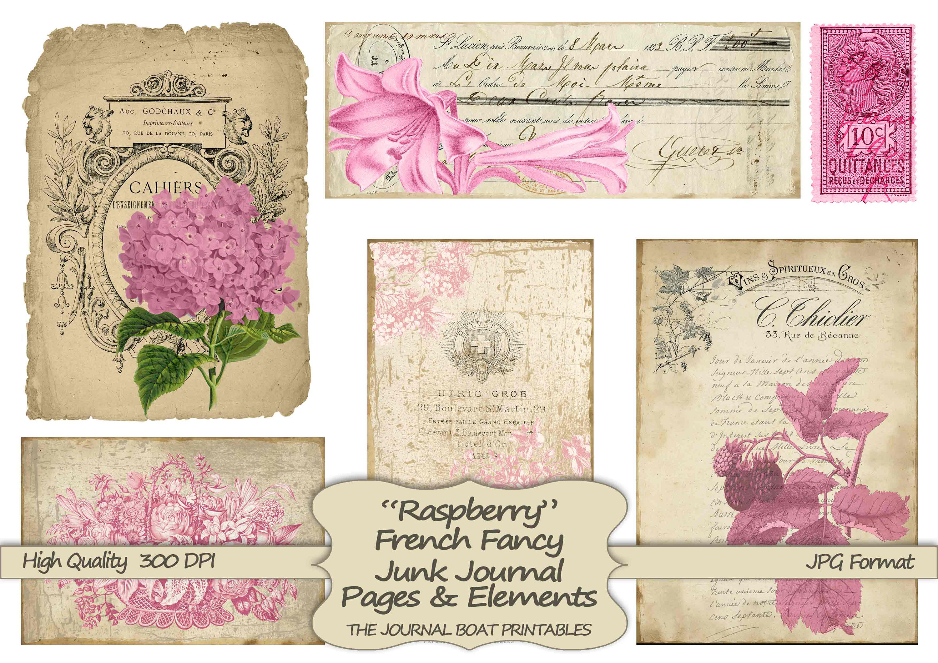 Printable Junk Journal Kit, Raspberry French Fancy, Ephemera, Journal ...