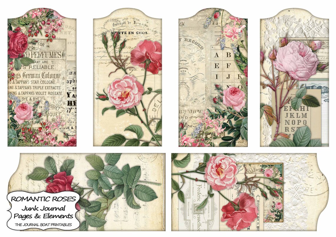Junk Journal Kit, Romantic Roses, Pink Roses, Red Roses, Shabby Chic ...