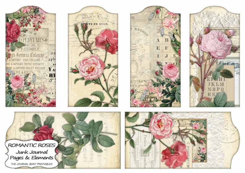 Junk Journal Kit, Romantic Roses, Pink Roses, Red Roses, Shabby Chic, Journal Pages, Printable ...