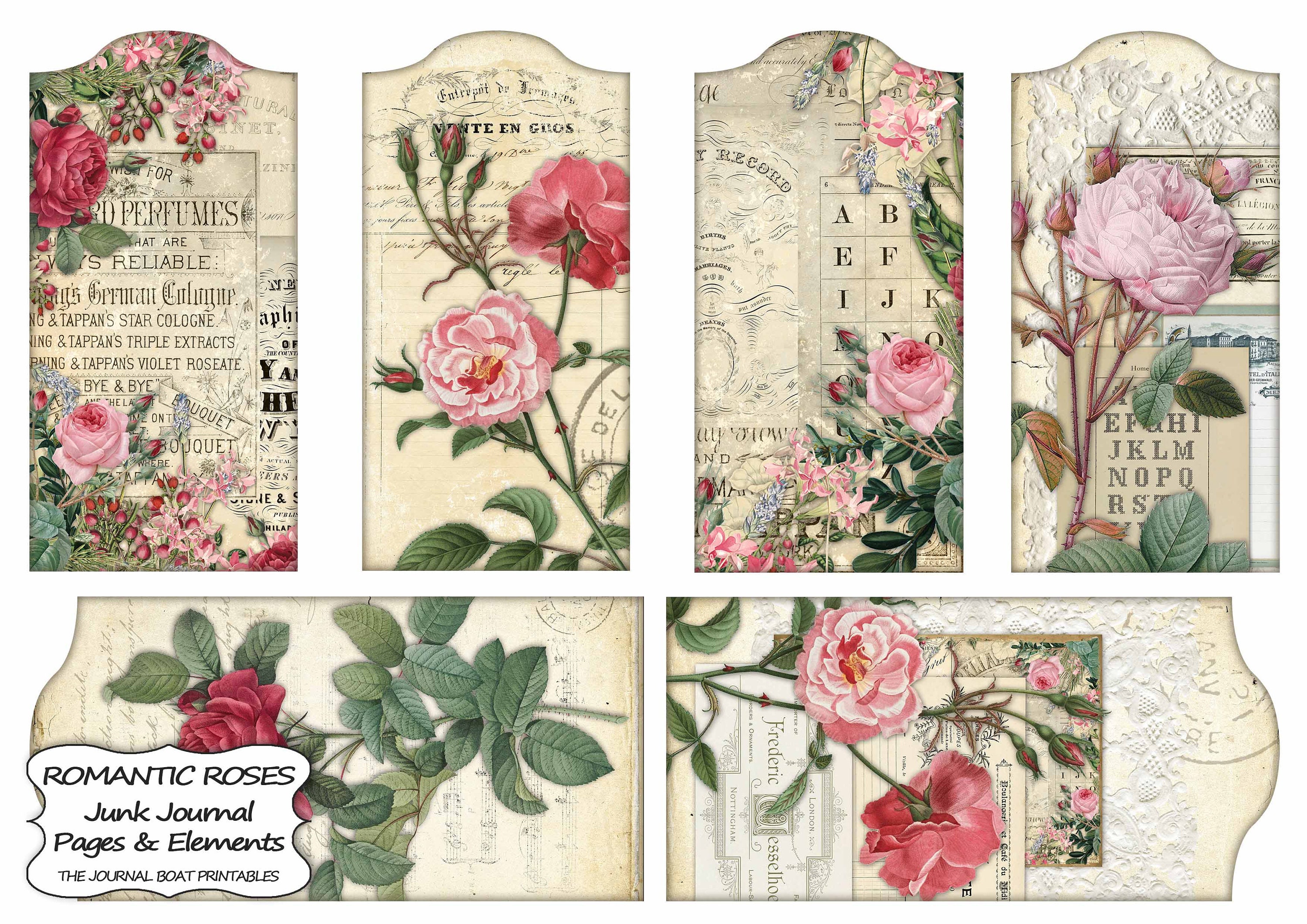 Junk Journal Kit, Romantic Roses, Pink Roses, Red Roses, Shabby Chic ...