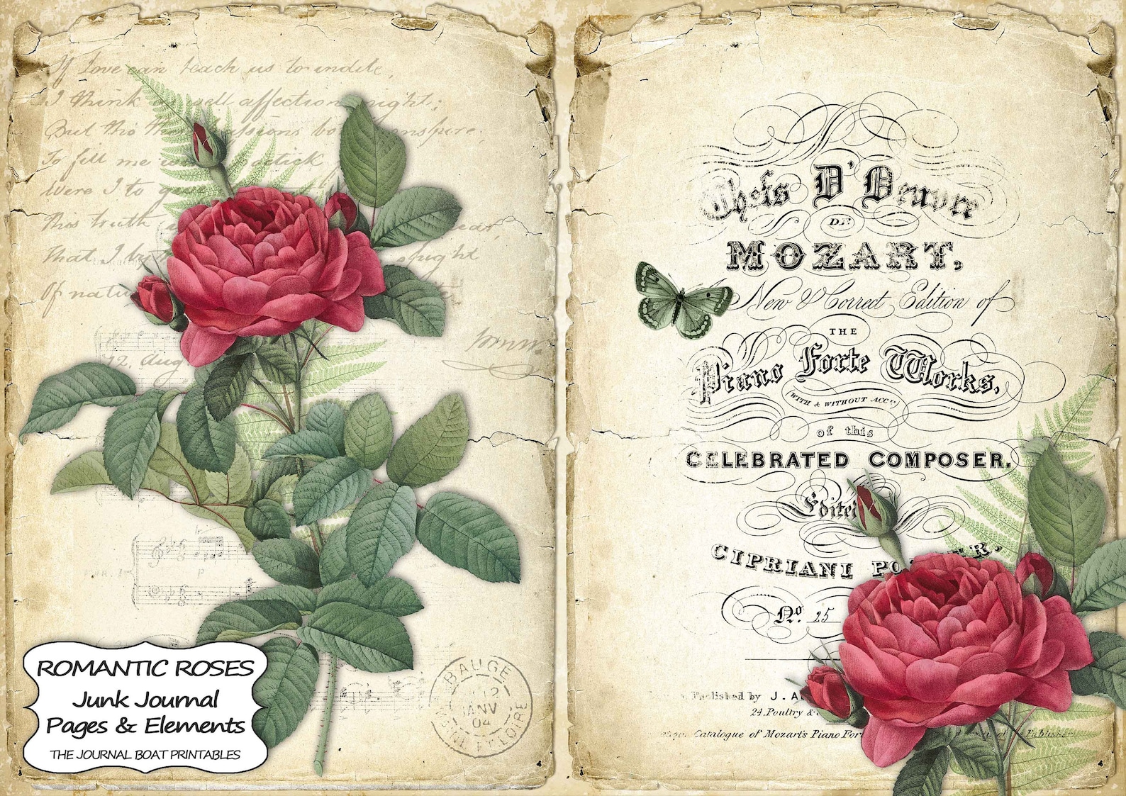 Junk Journal Kit, Romantic Roses, Pink Roses, Red Roses, Shabby Chic ...