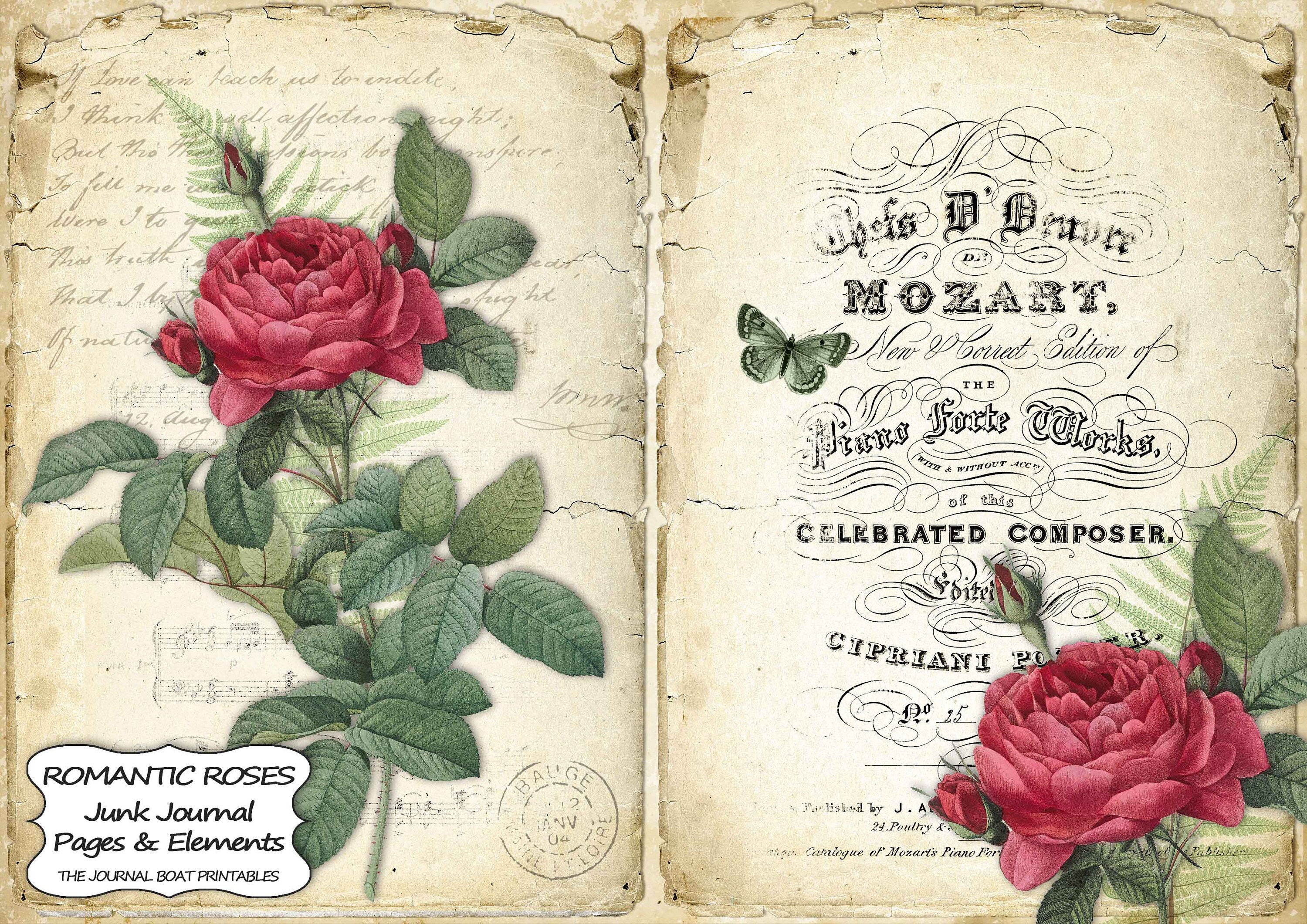 Junk Journal Kit, Romantic Roses, Pink Roses, Red Roses, Shabby Chic ...