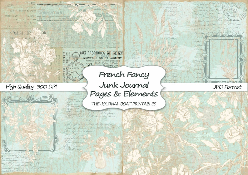Printable Junk Journal Kit, French Fancy, Ephemera, Duck Egg Blue ...