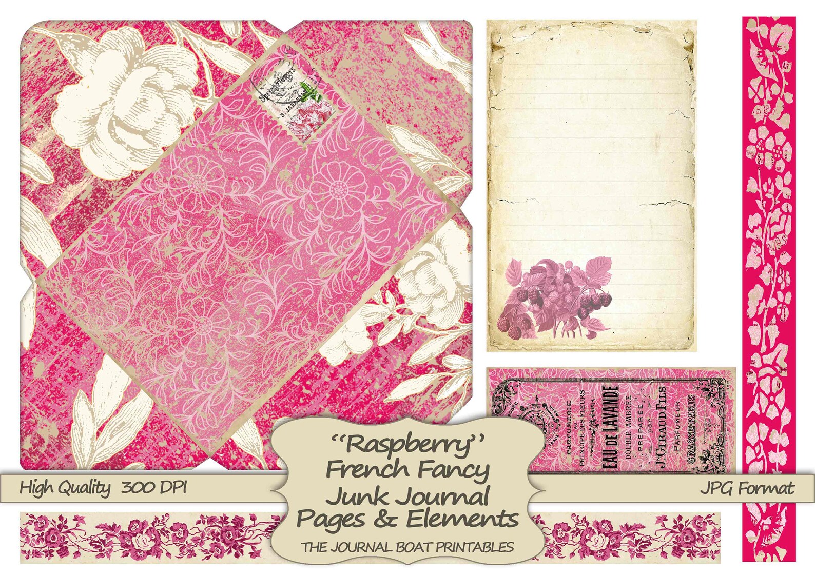 Printable Junk Journal Kit, Raspberry French Fancy, Ephemera, Journal ...