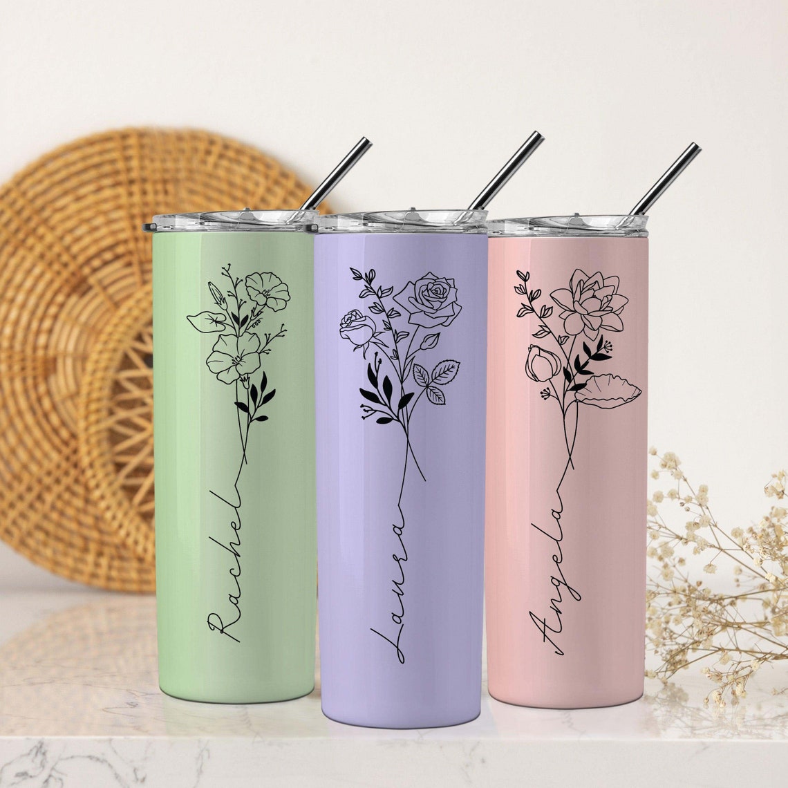 Personalized Birth Flower Tumbler Coffee Cup With Name, Bridesmaid ...