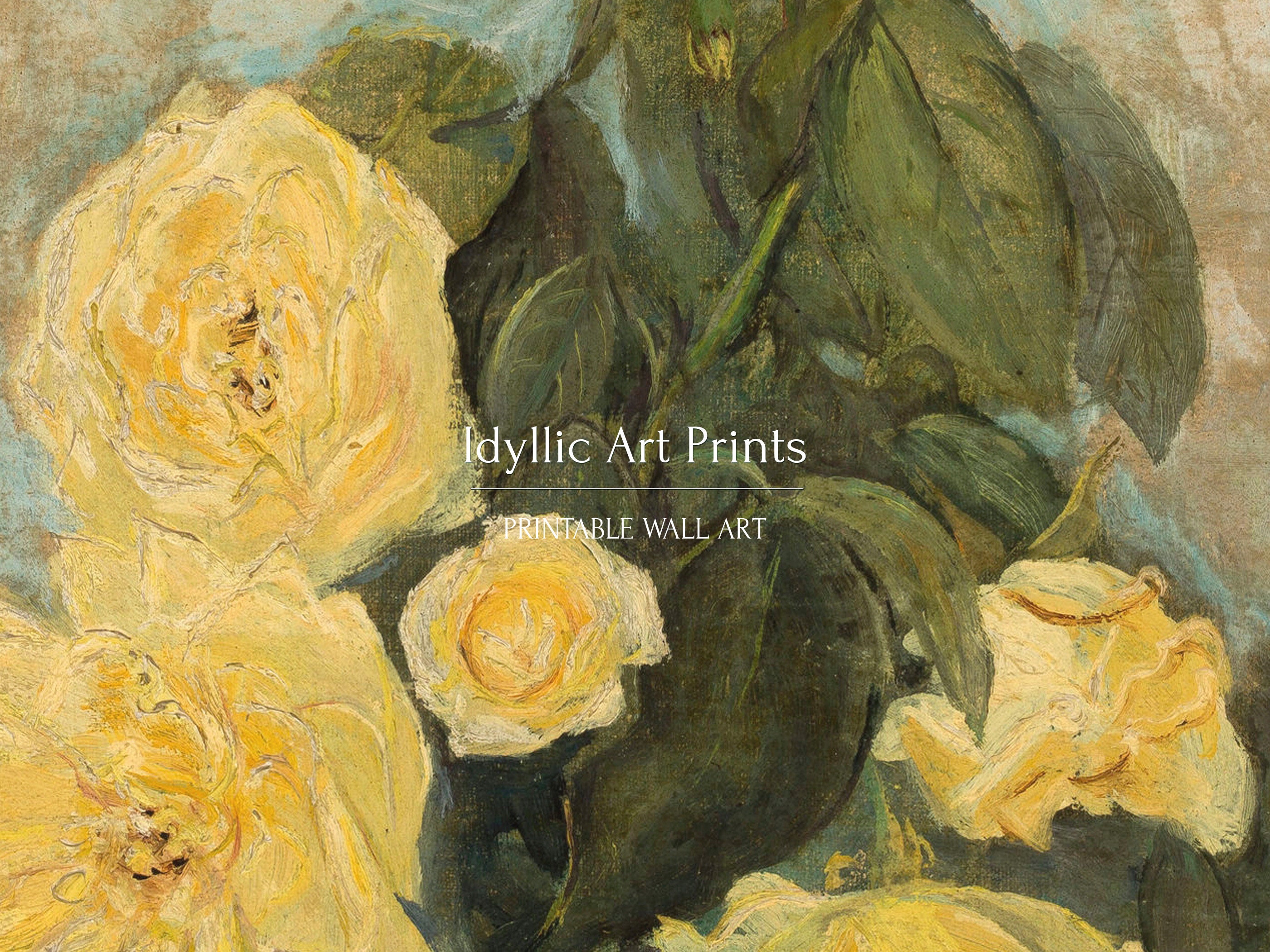 Floral Wall Art Print, Vintage Neutral Stillleben Gelbe Rose Blumen ...