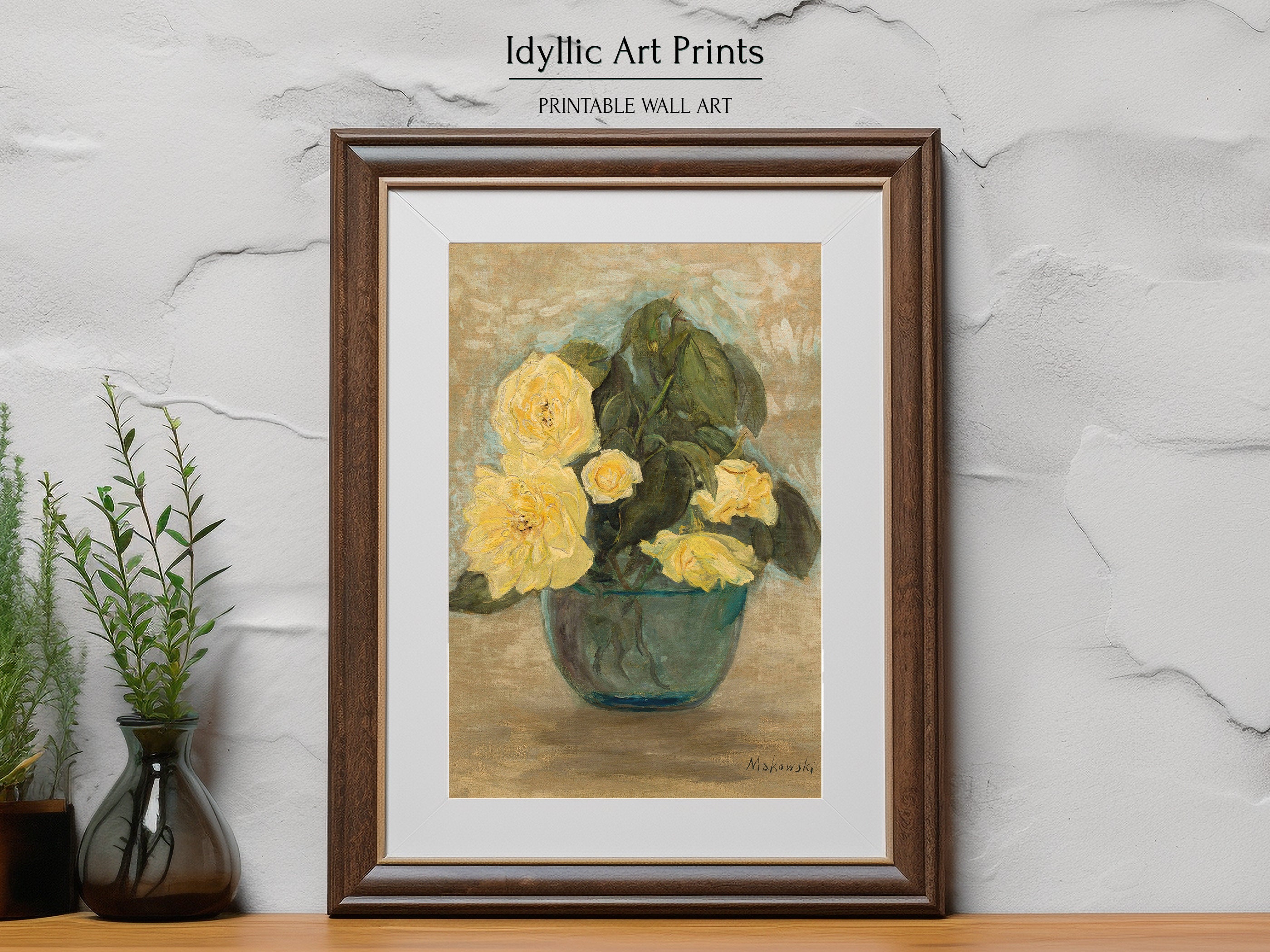 Floral Wall Art Print, Vintage Neutral Stillleben Gelbe Rose Blumen ...