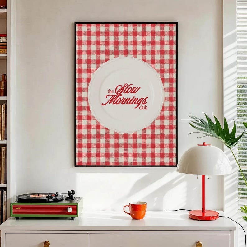 Slow Mornings Club Print Vintage Red Gingham Wall Art Trendy Coffee Bar ...