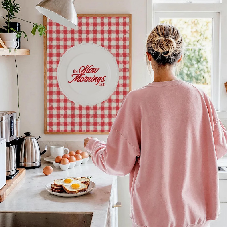 Slow Mornings Club Print Vintage Red Gingham Wall Art Trendy Coffee Bar ...