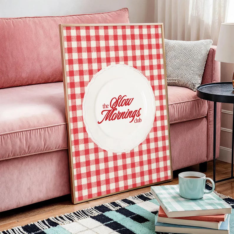 Slow Mornings Club Print Vintage Red Gingham Wall Art Trendy Coffee Bar ...