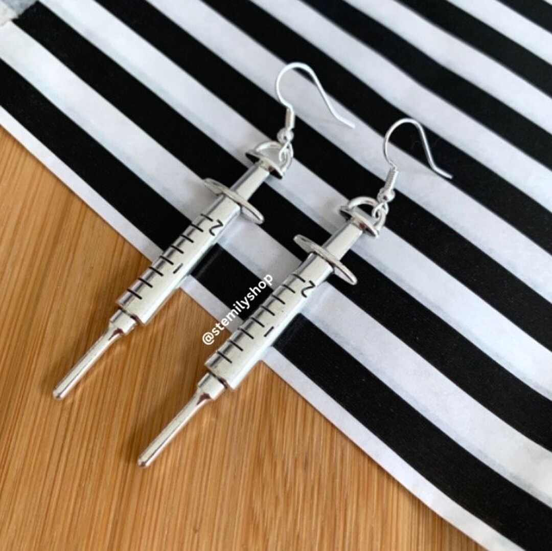 Cool Quirky Silver Syringe Science Biology Nurse Earrings on Silver ...