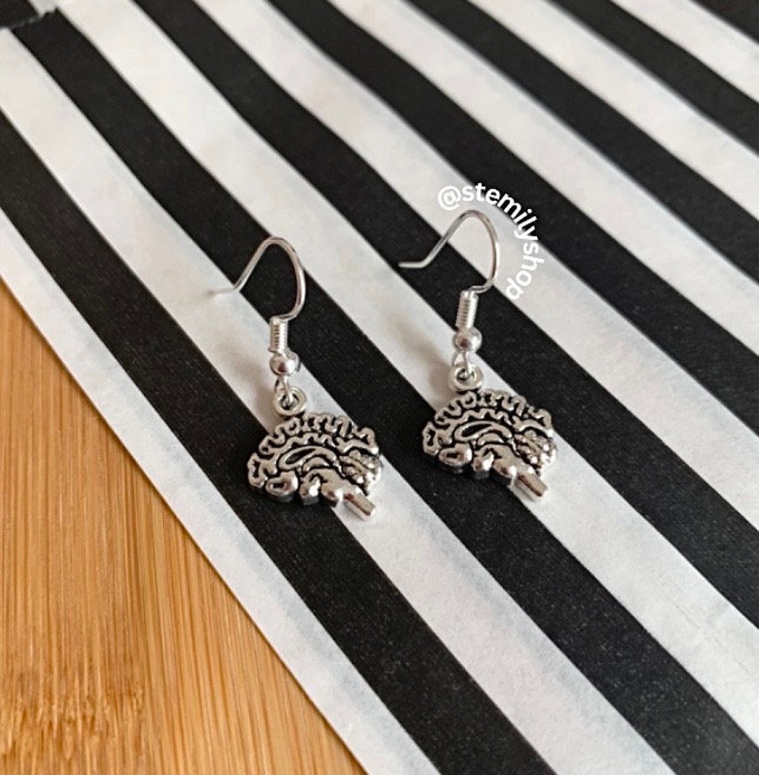 Cool Quirky Silver Brain Stem Science Drop Dangle Biology Earrings on ...