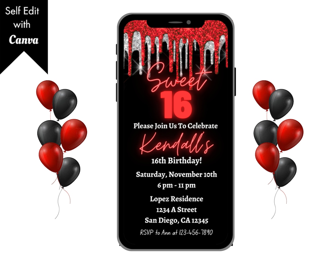 Digital Sweet 16th Birthday Party Invitation, Electronic Phone Text ...