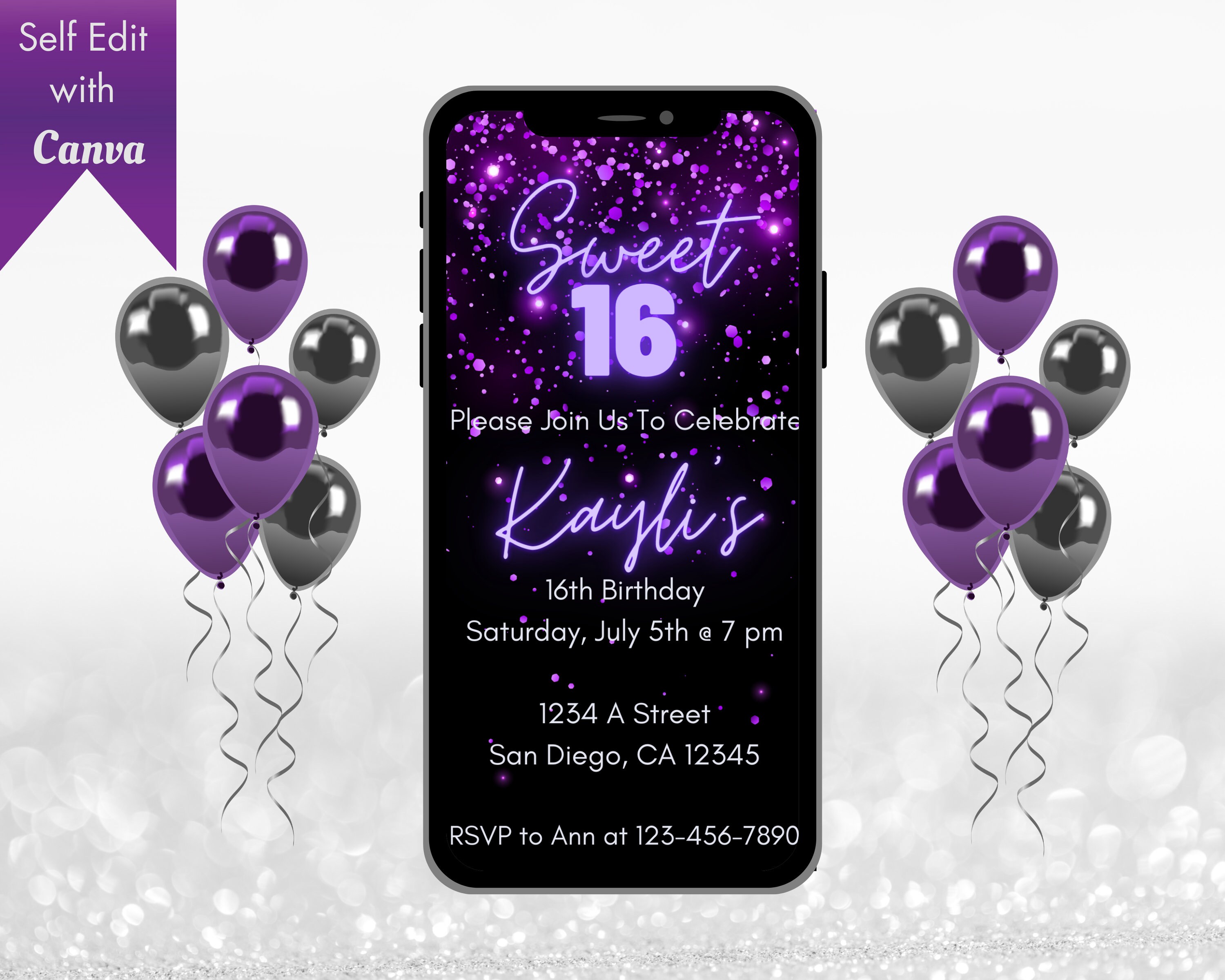 Digital Sweet 16 Birthday Party Invitation, Electronic Phone Text Evite ...
