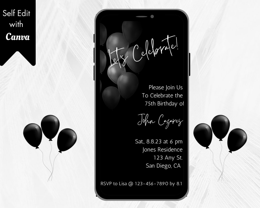 Digital 75th Birthday Invite, Editable AGE, Black and White Let's Celebrate Birthday Invitation ...