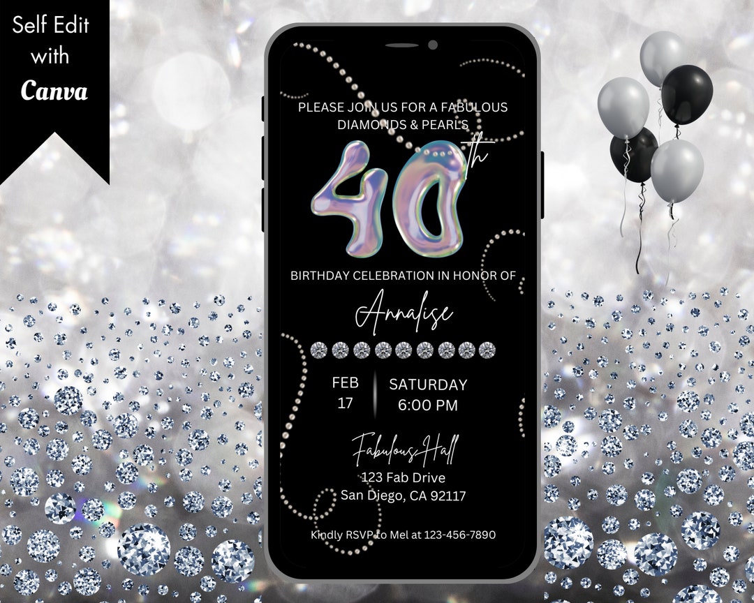 Digital 40th Forty Diamonds and Pearls Fabulous Birthday Party ...