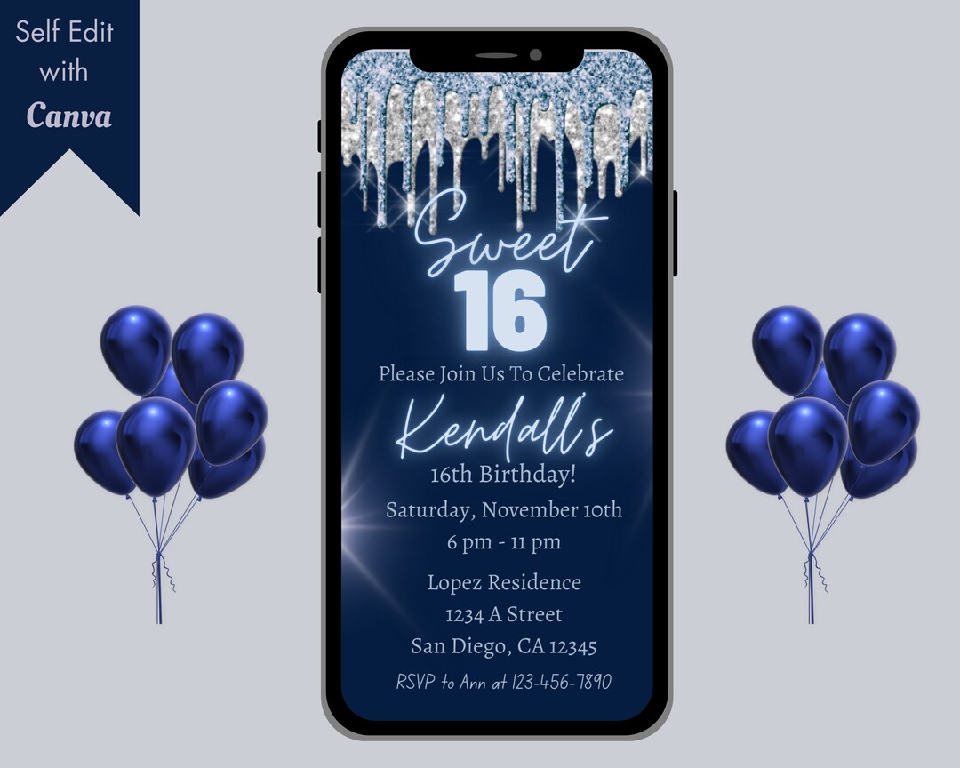 Digital Sweet 16th Birthday Party Invite, Electronic Phone Text Evite ...