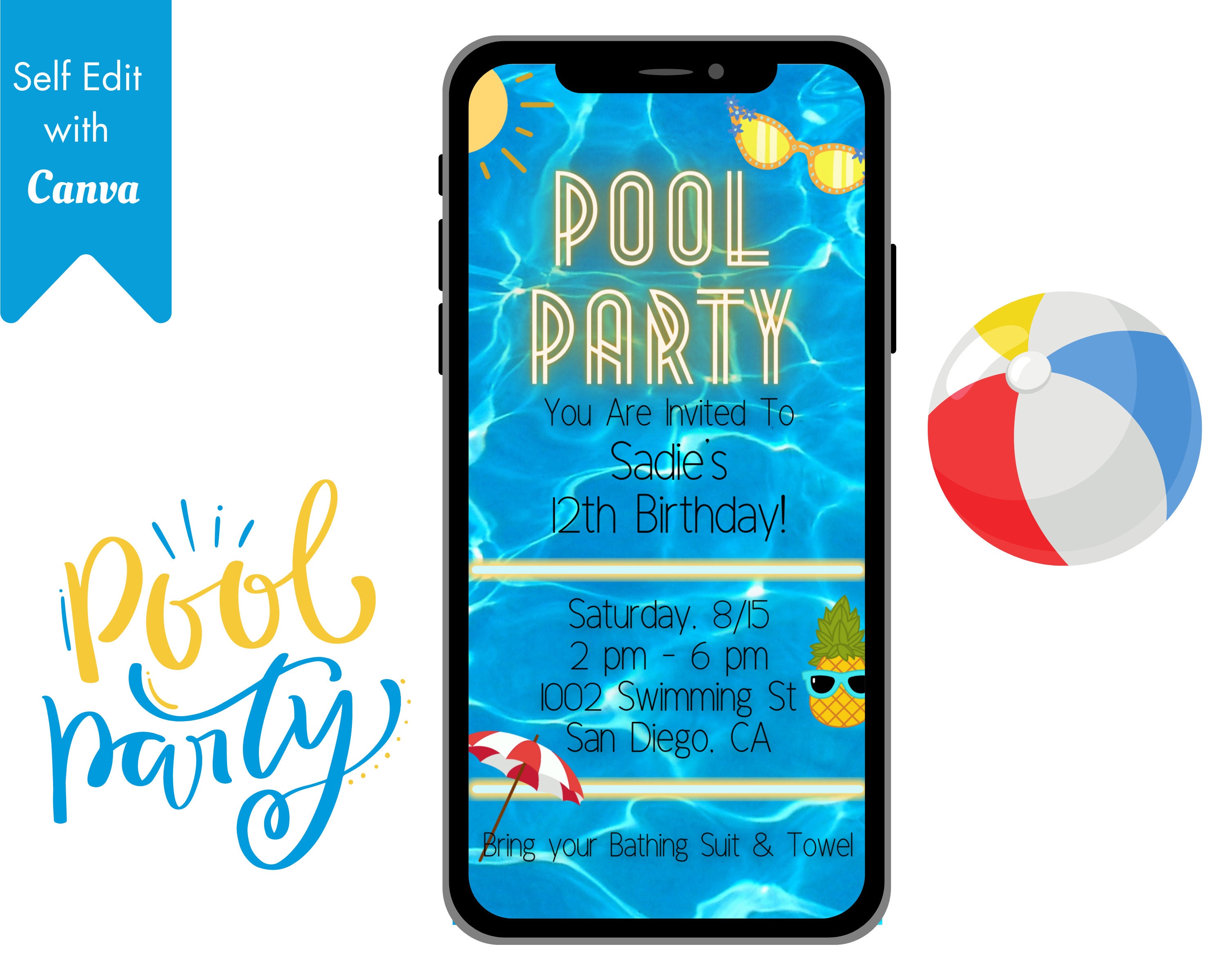 Digital Pool Birthday Party Invitation, Editable AGE, Summer Birthday ...