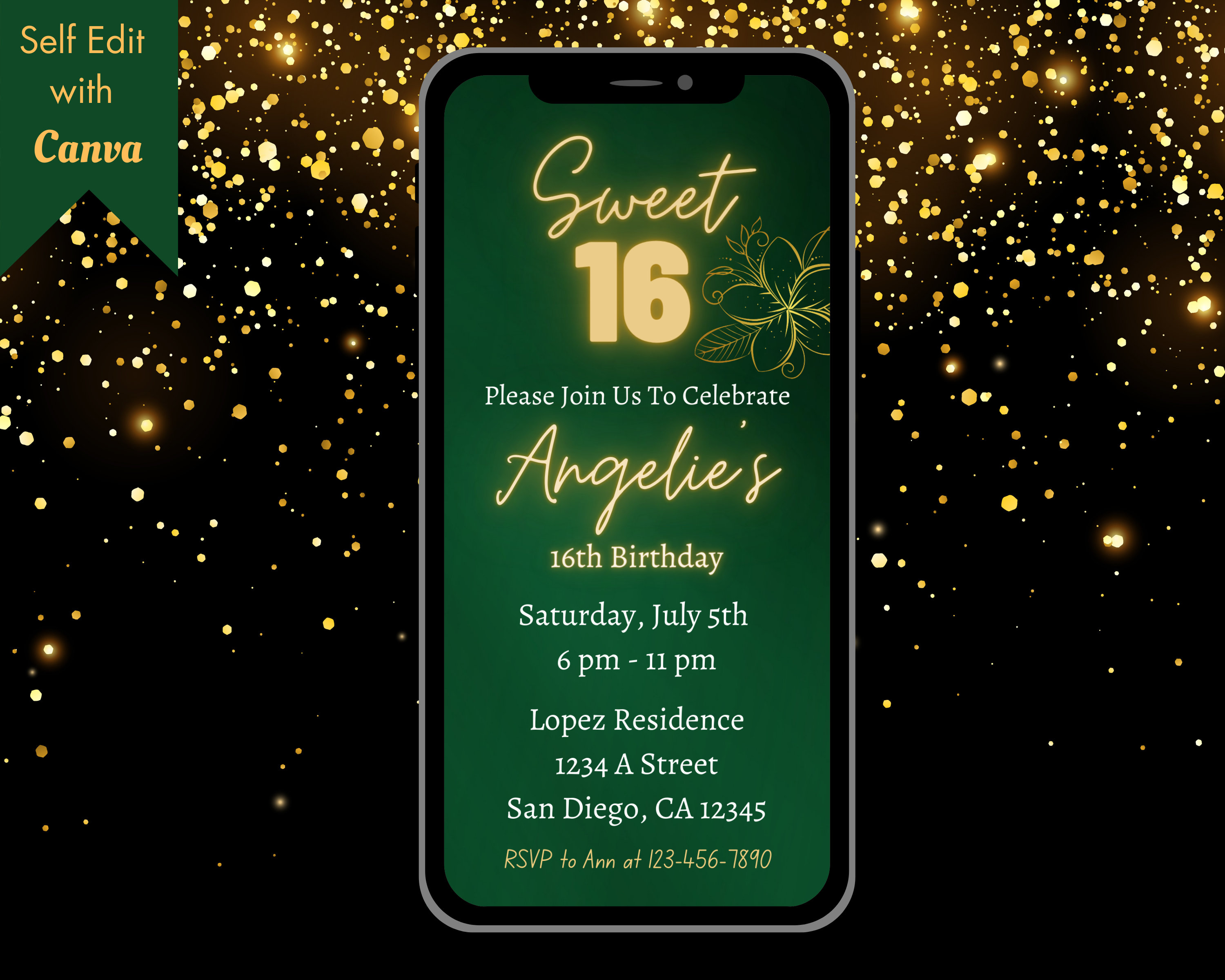 Emerald Green Sweet 16 Invitation, Gold Floral Evite (digital Download ...