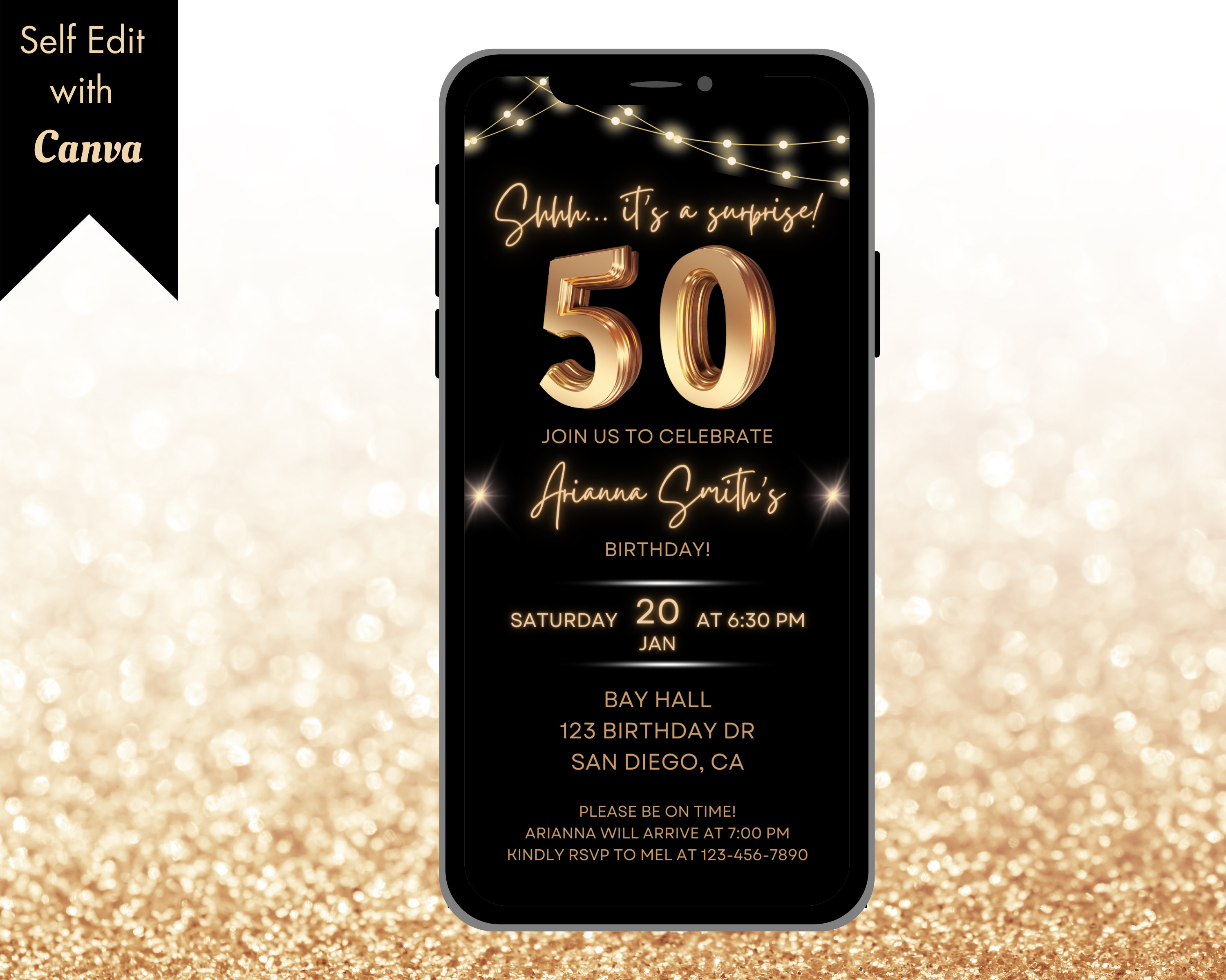 Digital Golden 50th Birthday Party Invitation, Surprise Editable Fifty ...