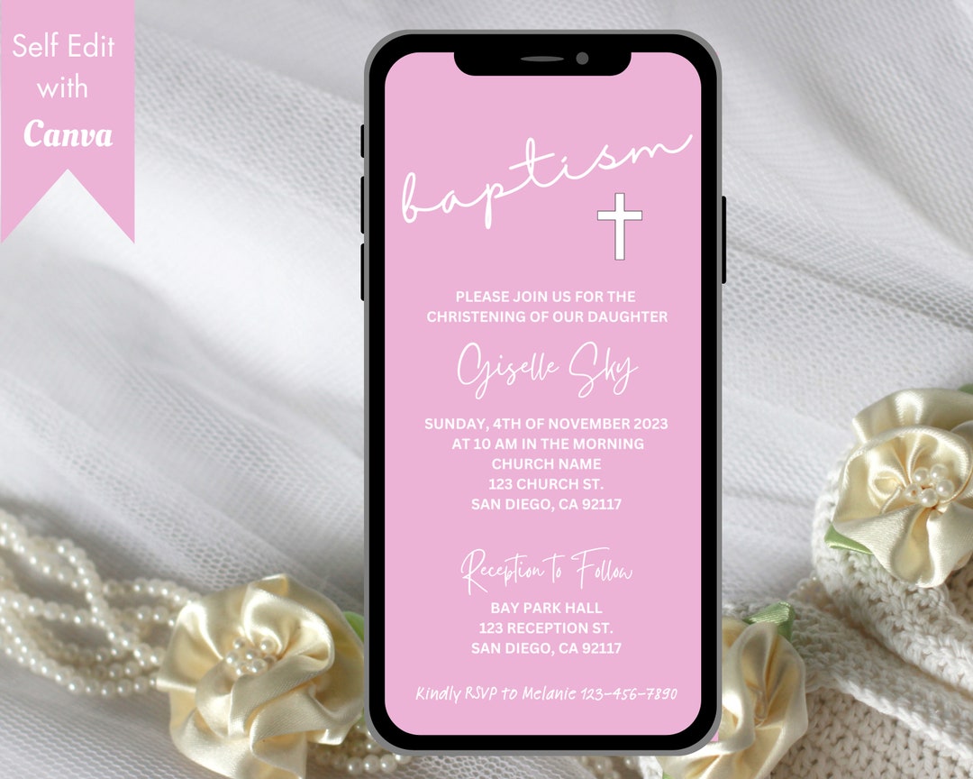 Digital Baptism Invitation Daughter, Editable Pink and White Baptism ...