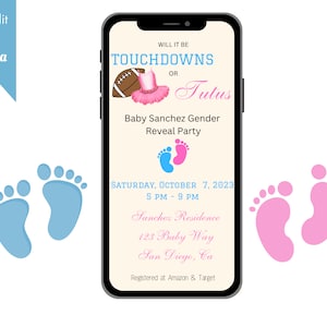 Digital Touchdown or Tutus Gender Reveal Party Invitation, Boy or Girl ...