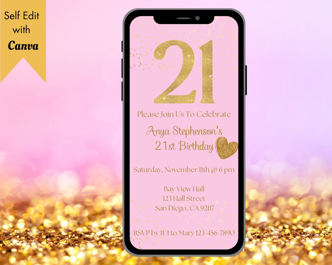 Digital 21st Birthday Party Invitation, Editable Pink Gold Confetti ...