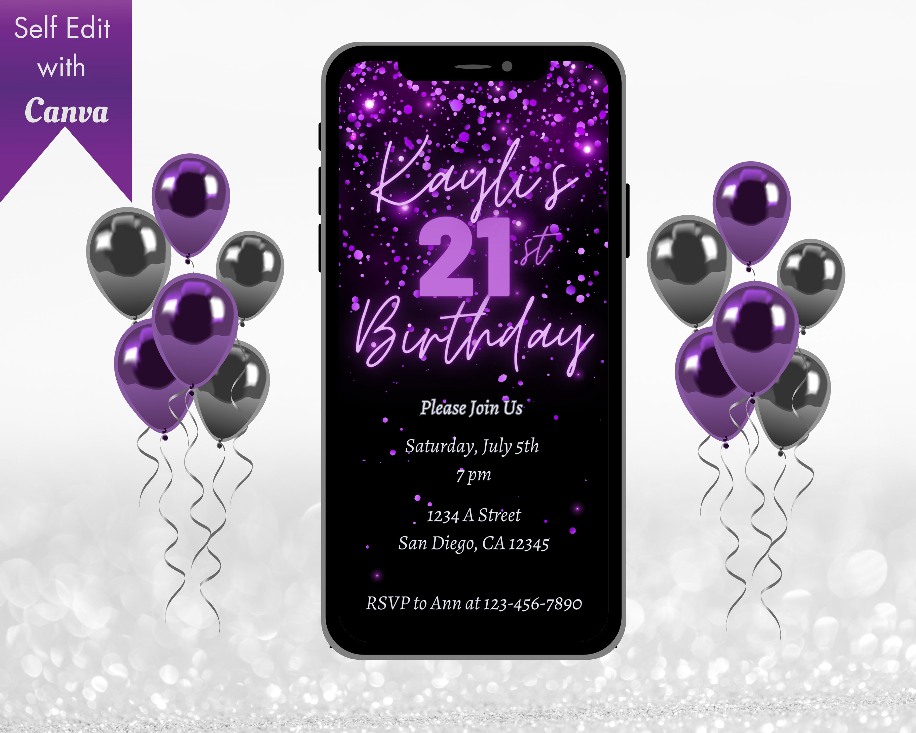 Digital 21st Birthday Party Invitation, Electronic Phone Text Evite ...