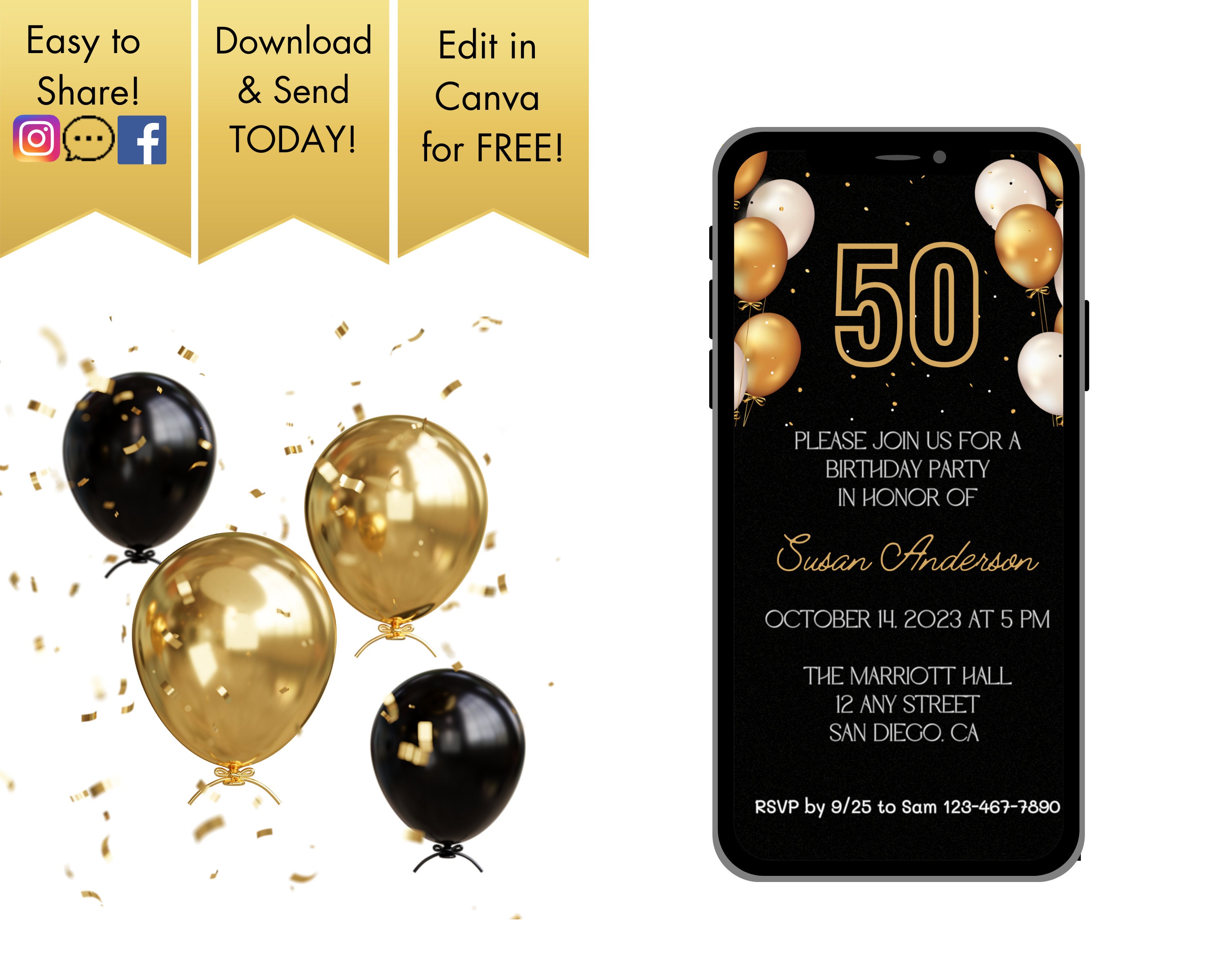 Digital Gold 50th Birthday Party Invitation, Electronic Invite, Text ...