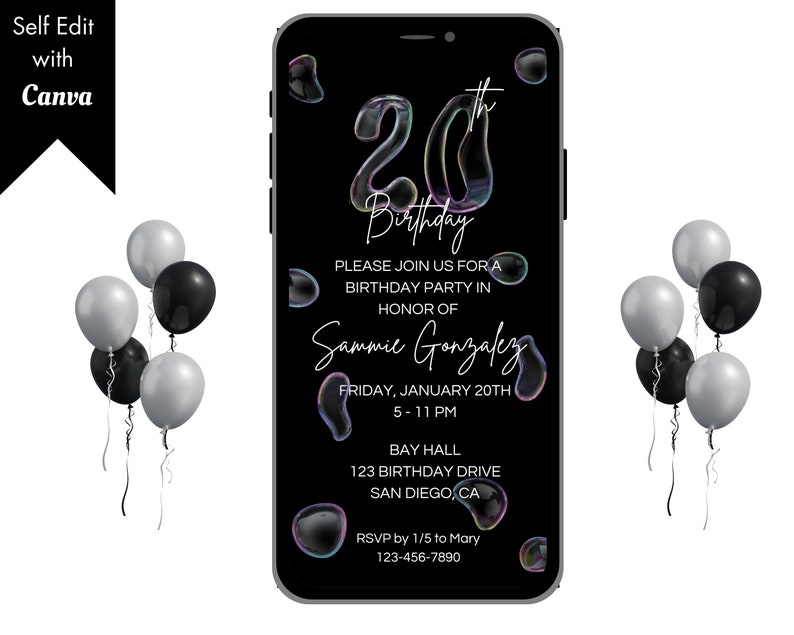 Digital 20th Twenty Birthday Invitation, Editable Template, Electronic ...